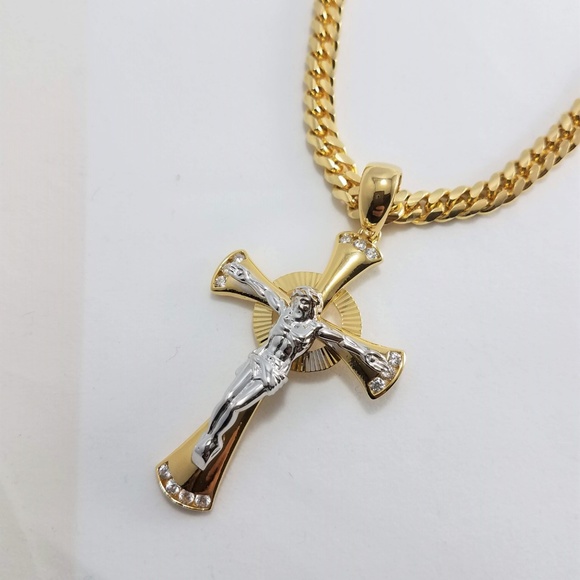Accessories | 26 Cuban Link Crucifix 14k Gold Solid Silver | Poshmark